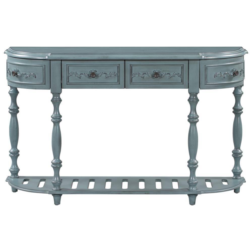 52 in. Antique Blue Half-Moon Wood Console Table with 4 Drawer 1 Shelf ...