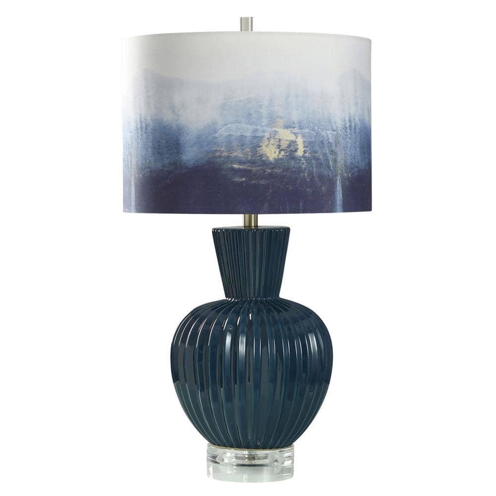 StyleCraft Aaron 29.5 in. Blue Haze Table Lamp with Multicolored Linen ...