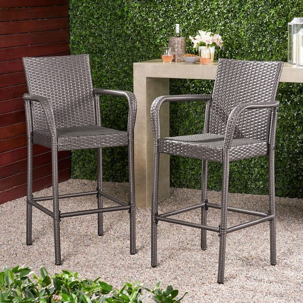Modern Grey Outdoor Wicker Bar Stools (Set of 2)-Weather-Resistant PE ...
