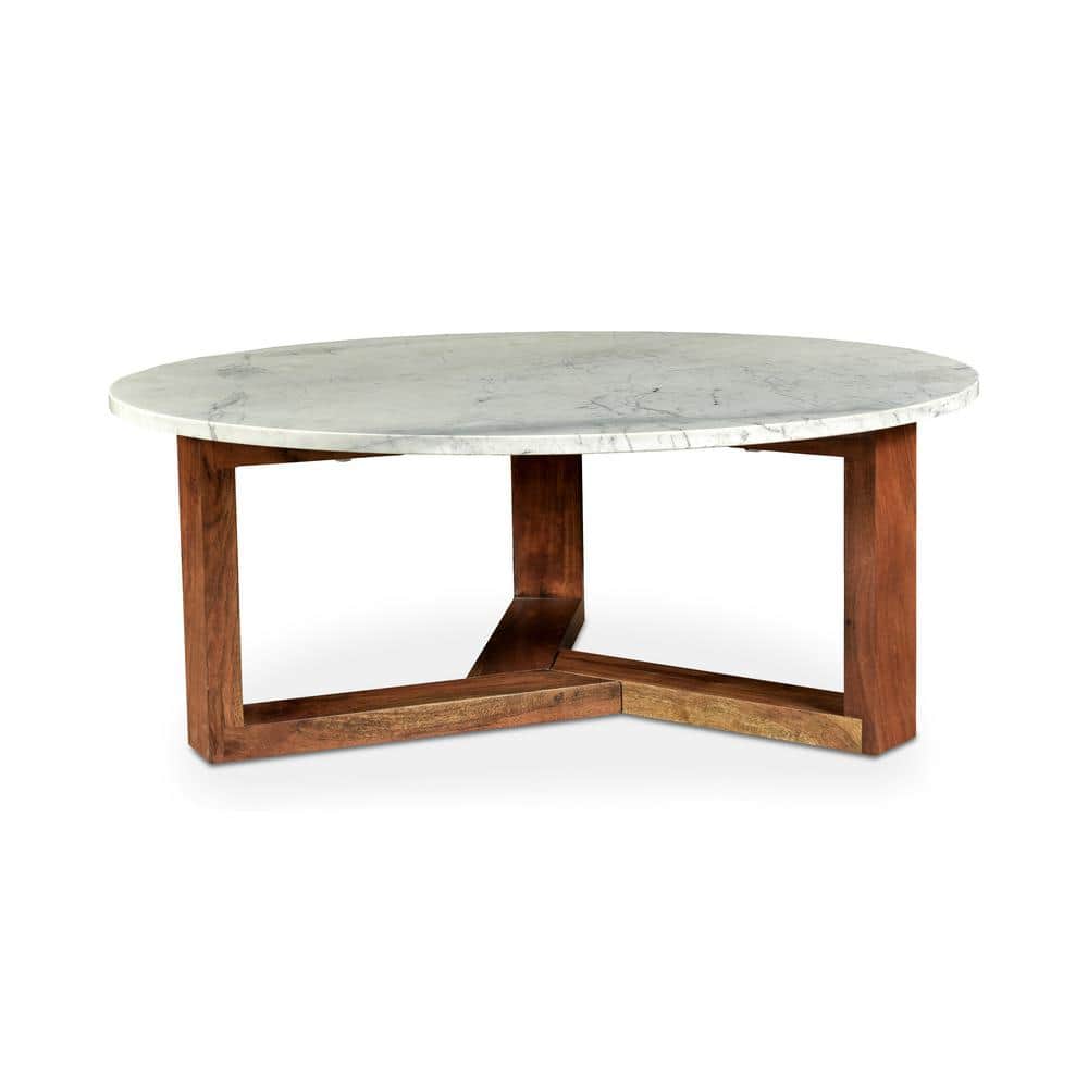 NADAAL STUDIOS Pia 35 in. White Round Marble Wood Coffee Table JD-1020 ...