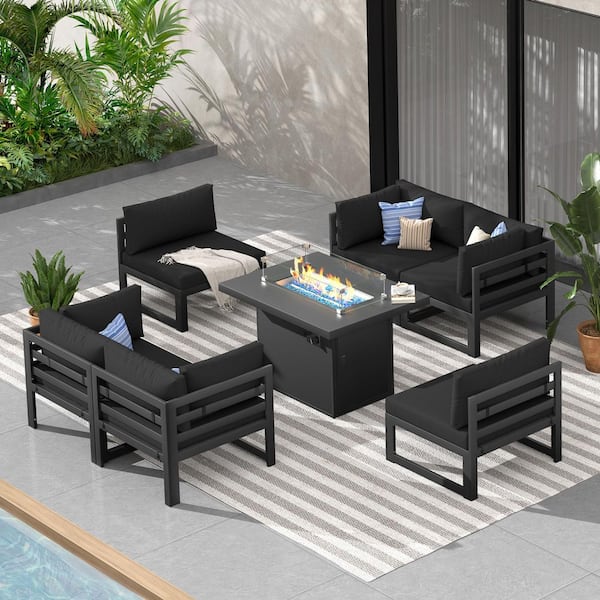 Outdoor 7-Piece Gray Aluminum Patio Conversation Set Fire Pit Patio ...