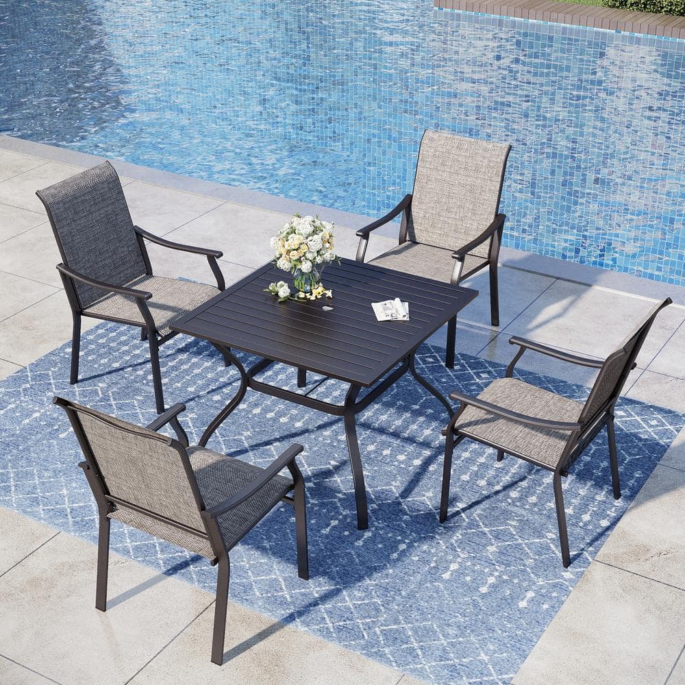 PHI VILLA Black 5-Piece Metal Slat Square Table Patio Outdoor Dining ...
