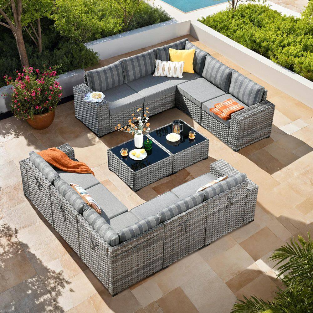 XIZZI Beatrice 12-Piece Wicker Outdoor Sectional Set with Gray Stripe ...