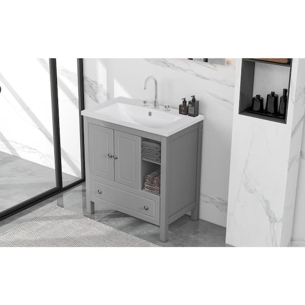 30 in. W x 18. in D. x 32 in. H Bath Vanity in Grey with White Ceramic ...