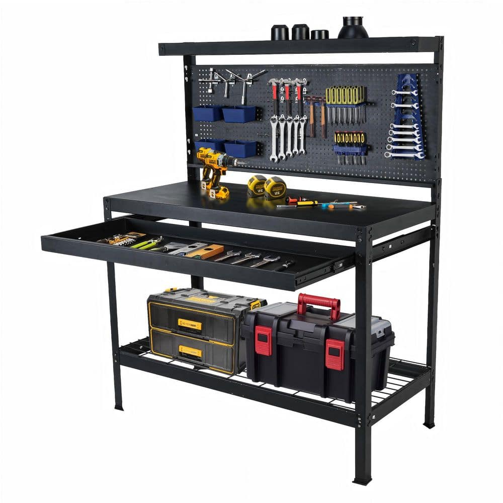 Huluwat 48 in. W x 22 in. D 1-Drawer Boltless Design Heavy Duty Steel Black Workbench Table with ...