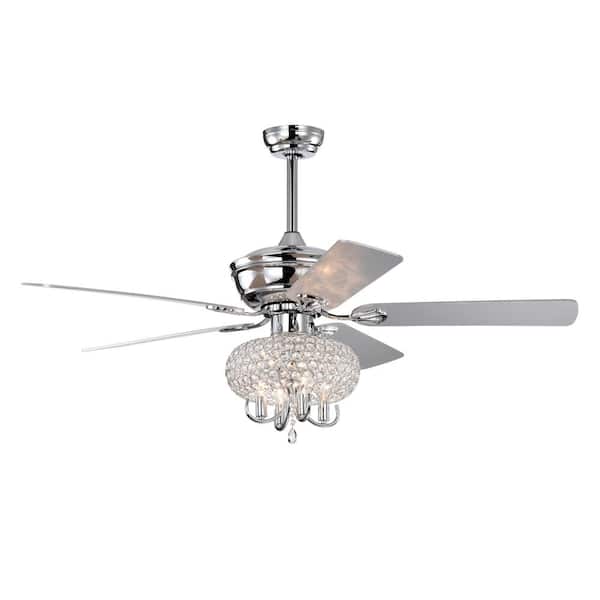 52 in. Indoor Chrome Crystal Ceiling Fan with Lights Modern Fandelier ...