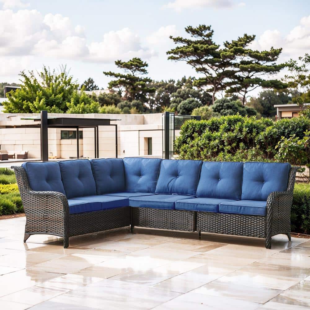 Opohoro Brown Wicker Outdoor Sectional Sofa, 6-Seater L-Shaped Patio ...