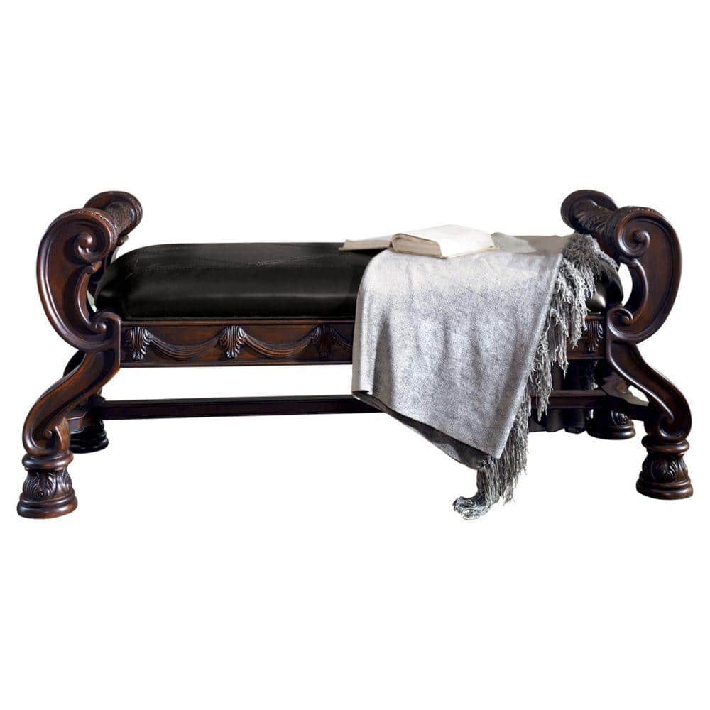 Benjara 54 in. Brown Backless Bedroom Bench with Rolled Arms and Ornate ...