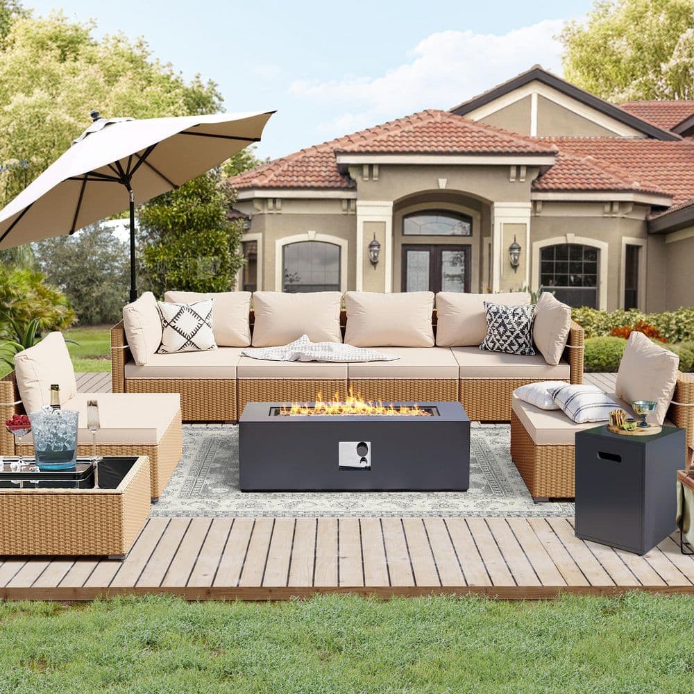 UPHA 9-Piece Outdoor Yellow Rattan Seating Set with Beige Cushions,a 42 ...