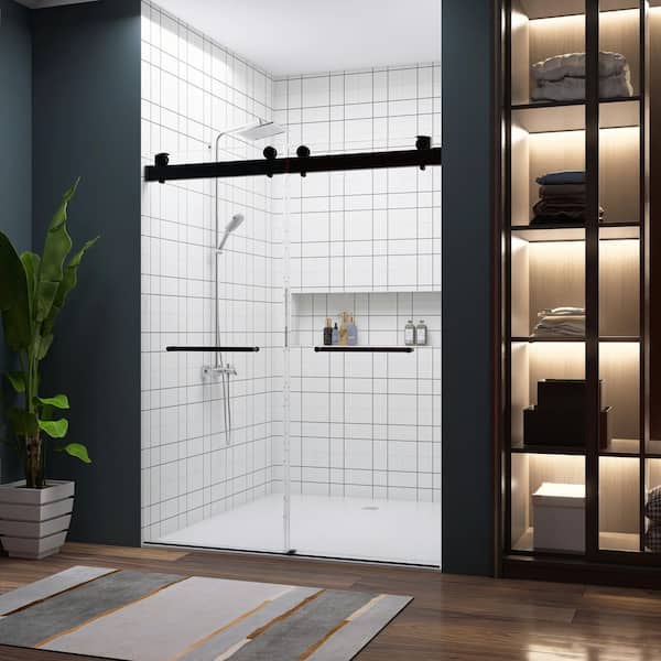 CASAINC 72 in. W x 79 in. H Double Sliding Frameless Shower Door in Matte Black with Towel Bar and Stainless Hardware CA DS01MB72 The Home Depot