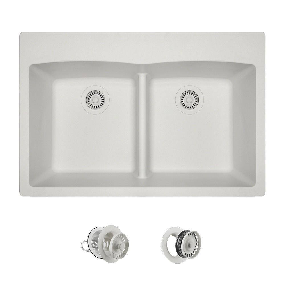 MR Direct White Quartz Granite 33 in. Double Bowl Drop-In Kitchen Sink ...