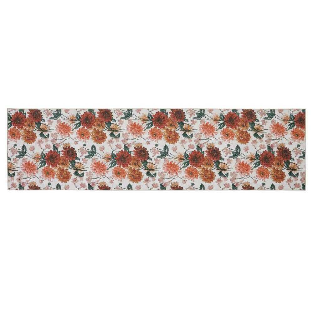 Laura Ashley Dahlias Floral Chenille Red Ivory 2 ft. x 8 ft. Polyester ...