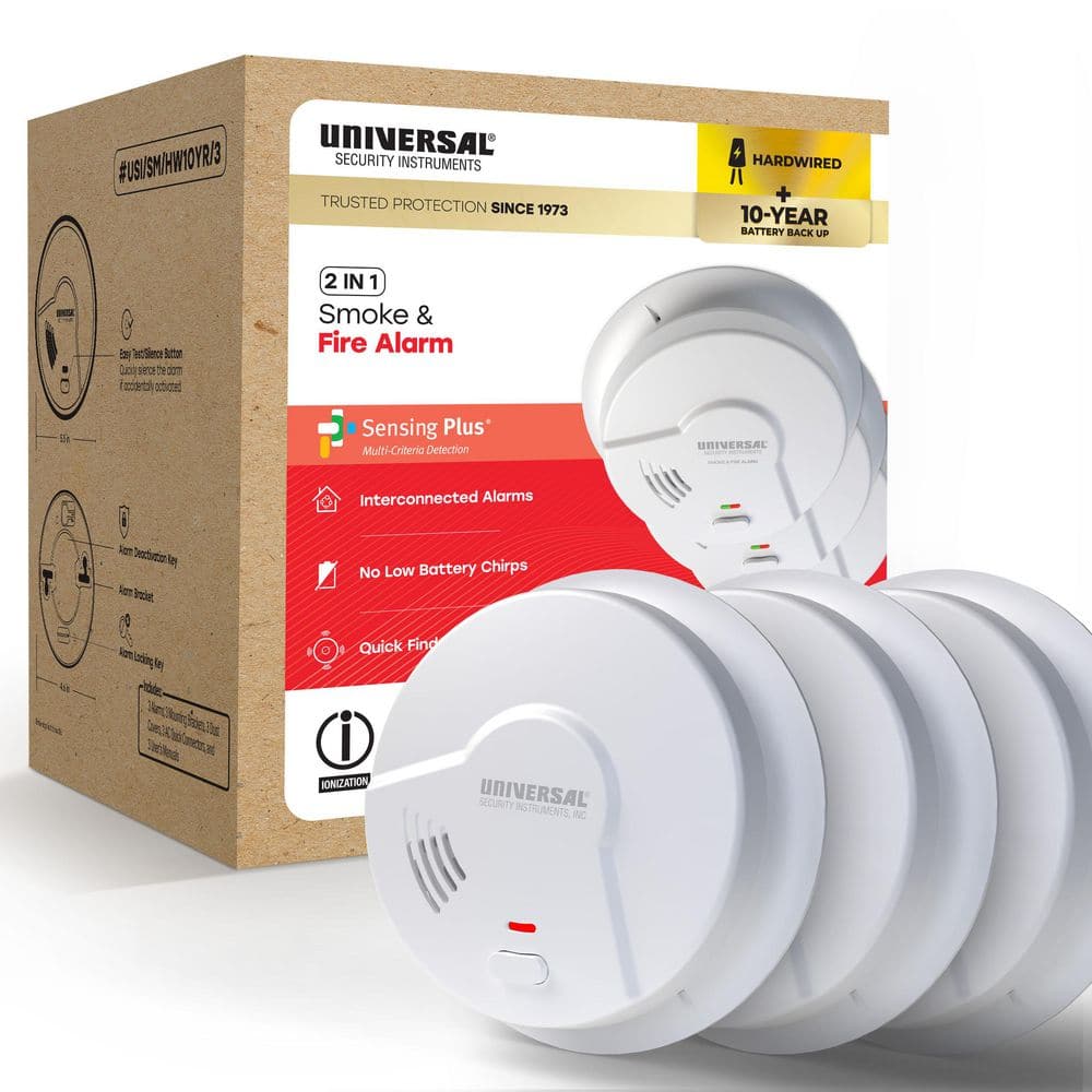 Universal Security Instruments (3-Pack) Hardwired & 10-Year Battery ...