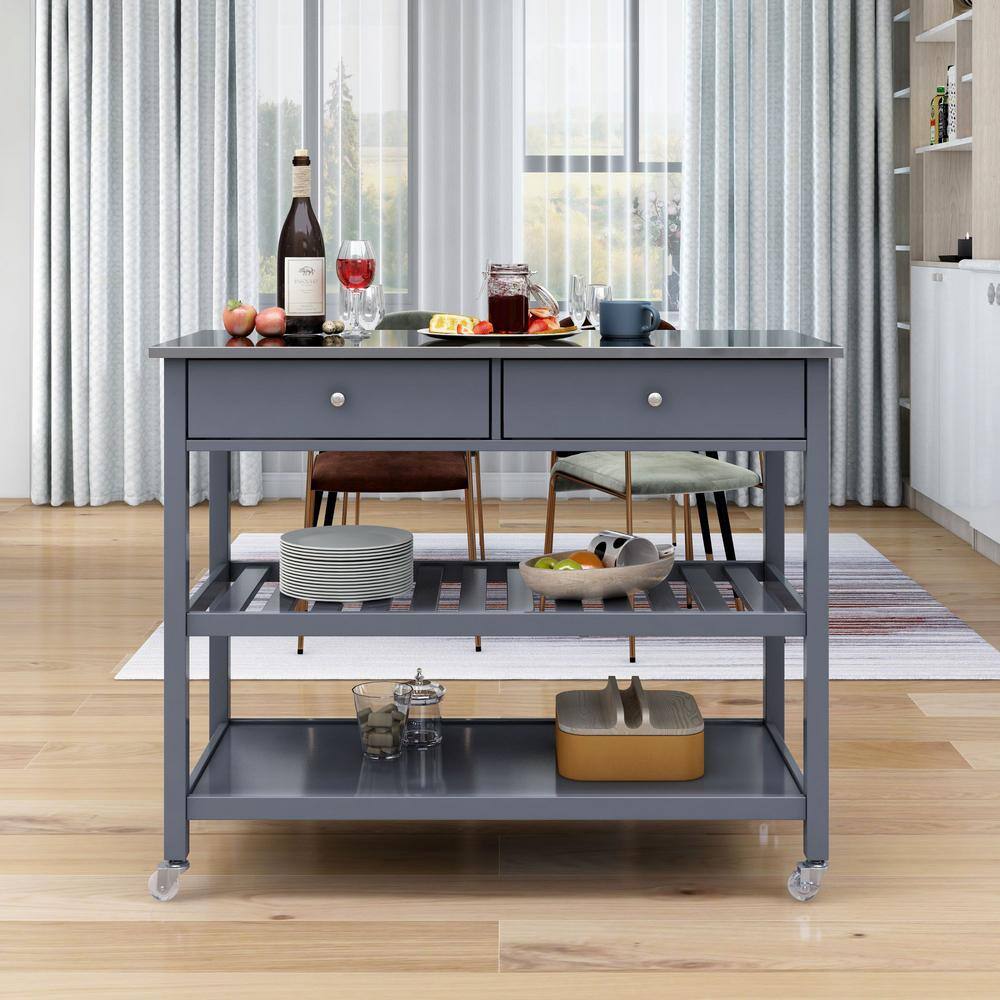 Movisa Gray Blue Kitchen Island Cart with Stainless Steel Top and ...