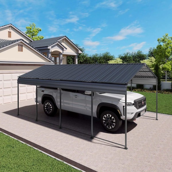 10 ft. x 15 ft. Metal Carport Carports with Waterproof Cloth, Heavy Duty Galvanized Steel Roof ...