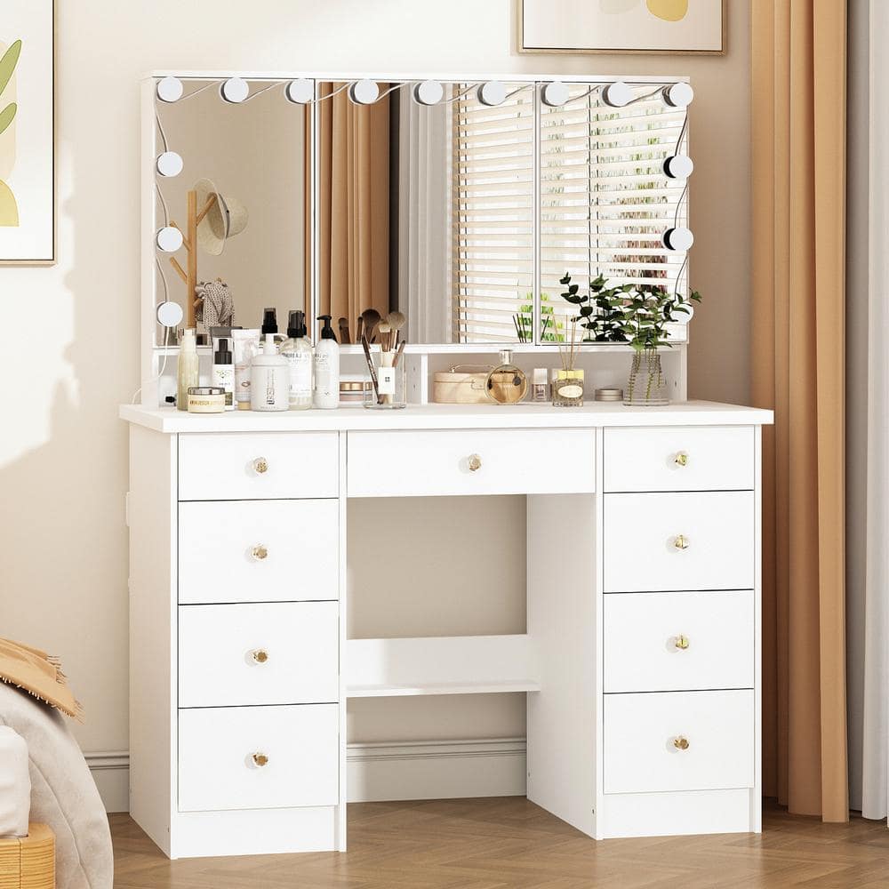 FUFU&GAGA White Modern Makeup Vanity Desk 9 Drawers Wood Dressing Table ...