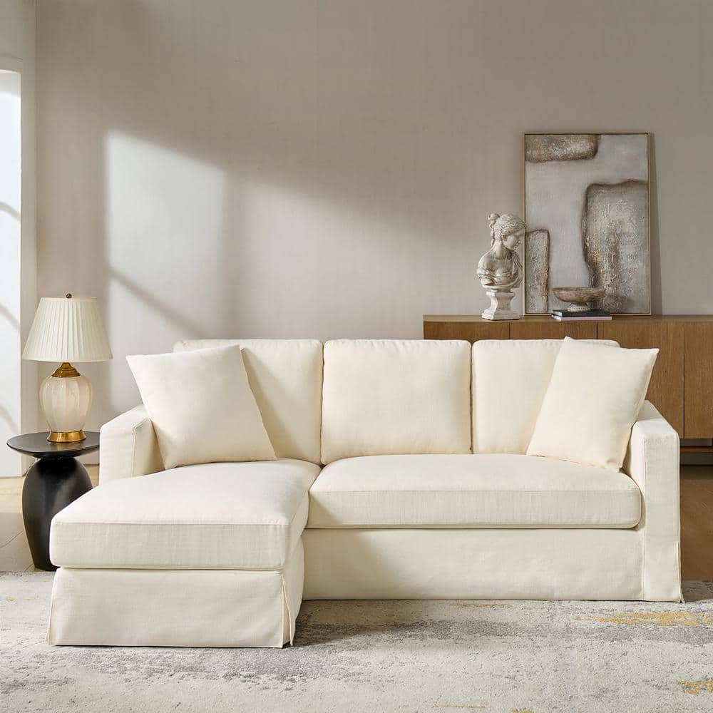 JAYDEN CREATION Solanna Linen 85" L-Shaped Polyester Slipcovered Sofa ...
