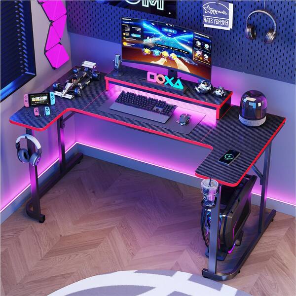 Bestier 59.06 in. Black Carbon Fiber U Shaped Gaming Desk with LED Monitor Stand Foldable Cup Holder and Headphone Hook USTHDCZUS G200315D BDCFBT M The Home Depot