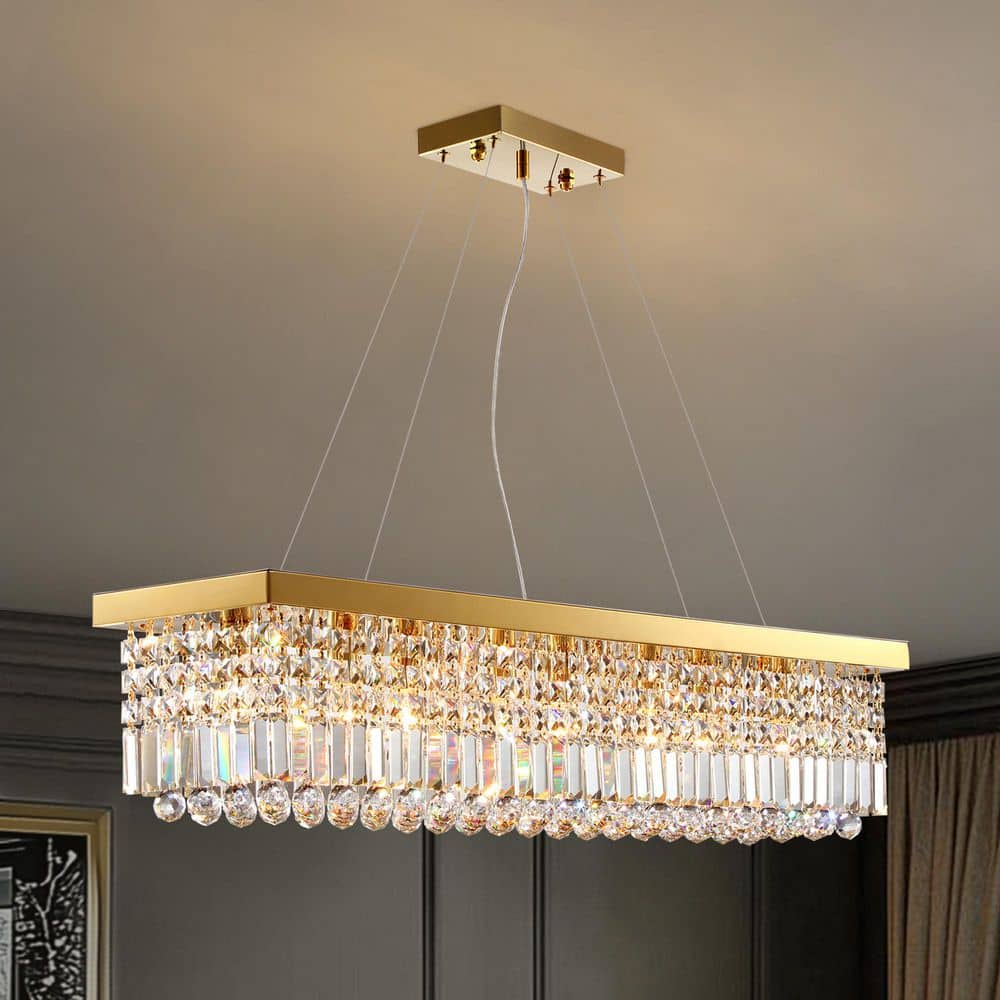 WDETR 40 in. Modern 8-Lights Gold Rectangular Raindrop Crystal Chandelier for Dining Room ...