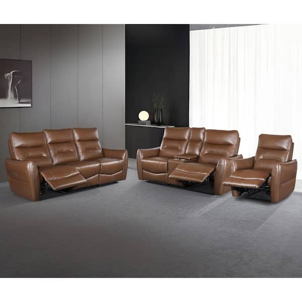 Furniture of America Amanda 3-Piece Caramel Brown Leather Match Powered ...