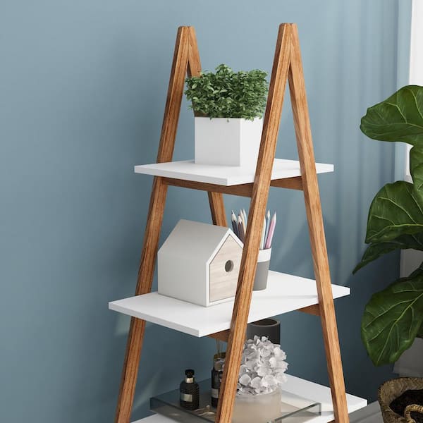 FUNKOL 4 Shelf White A Frame Stepped MDF Wooden Bookshelf Holds 22 lbs. 31.5 in. x 11.81 in. x 53.54 in. Shelf283XR