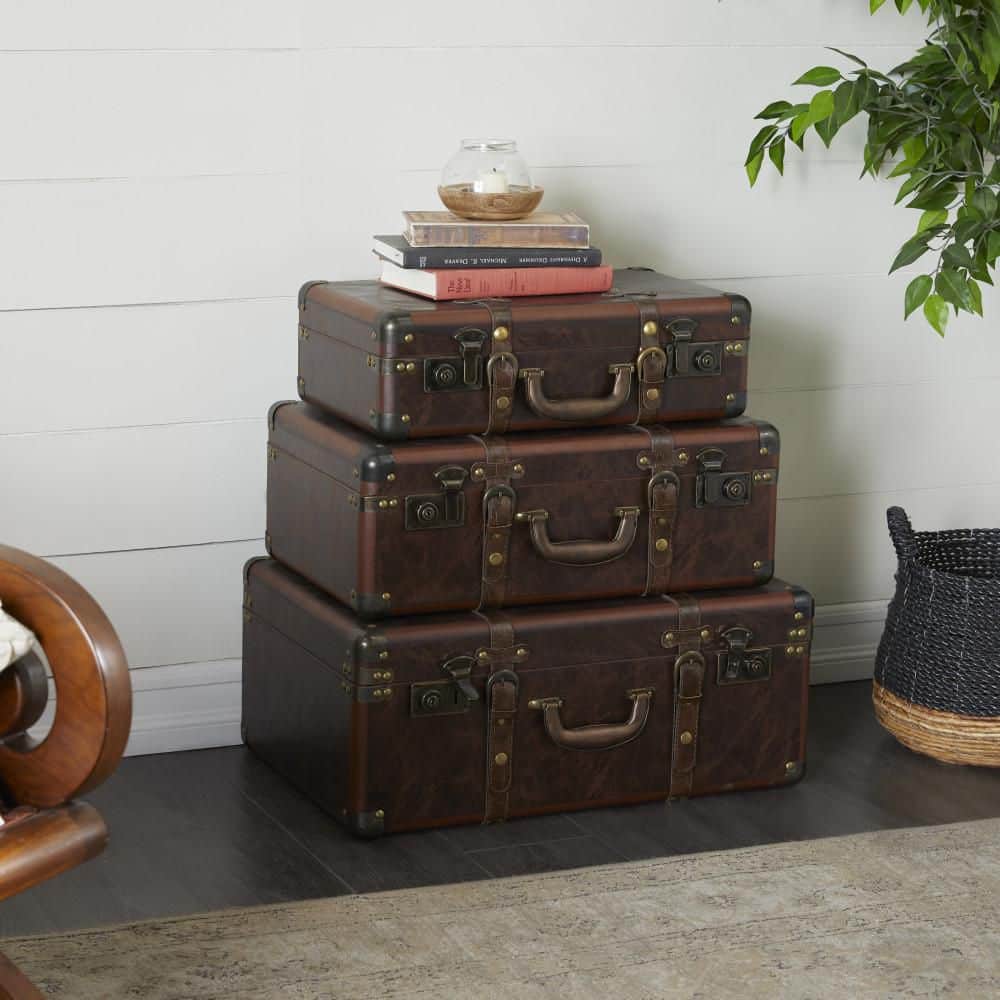 Litton Lane Brown Leather Nesting Upholstered Trunk with Vintage ...