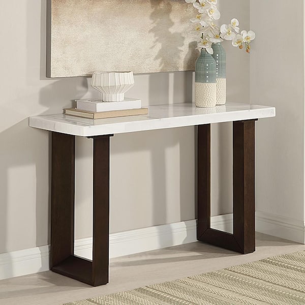 Acme Furniture Edwyn 48 in. White Natural Marble Top and Brown Finish ...