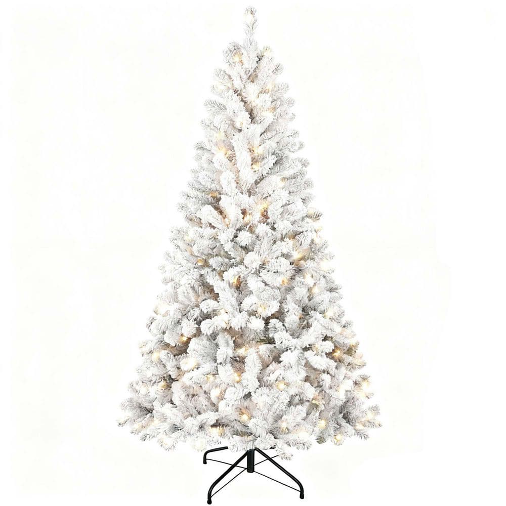 Zeus & Ruta 7 ft. Flocked Tree with 350 Warm White Incandescent Lights ...