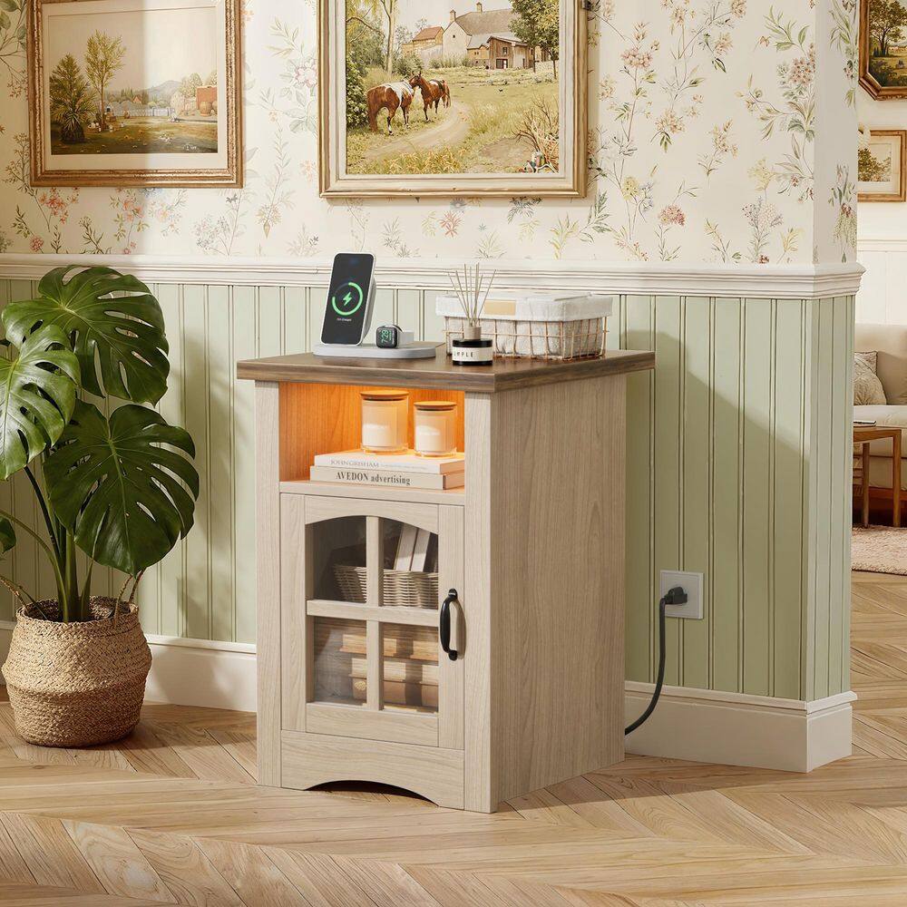 LACOO Beige LED Nightstand with Charging Station, Side Table with USB ...