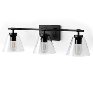 Briignite 25 in. 3-Light Matte Black Cone Vanity Light with Clear Glass ...