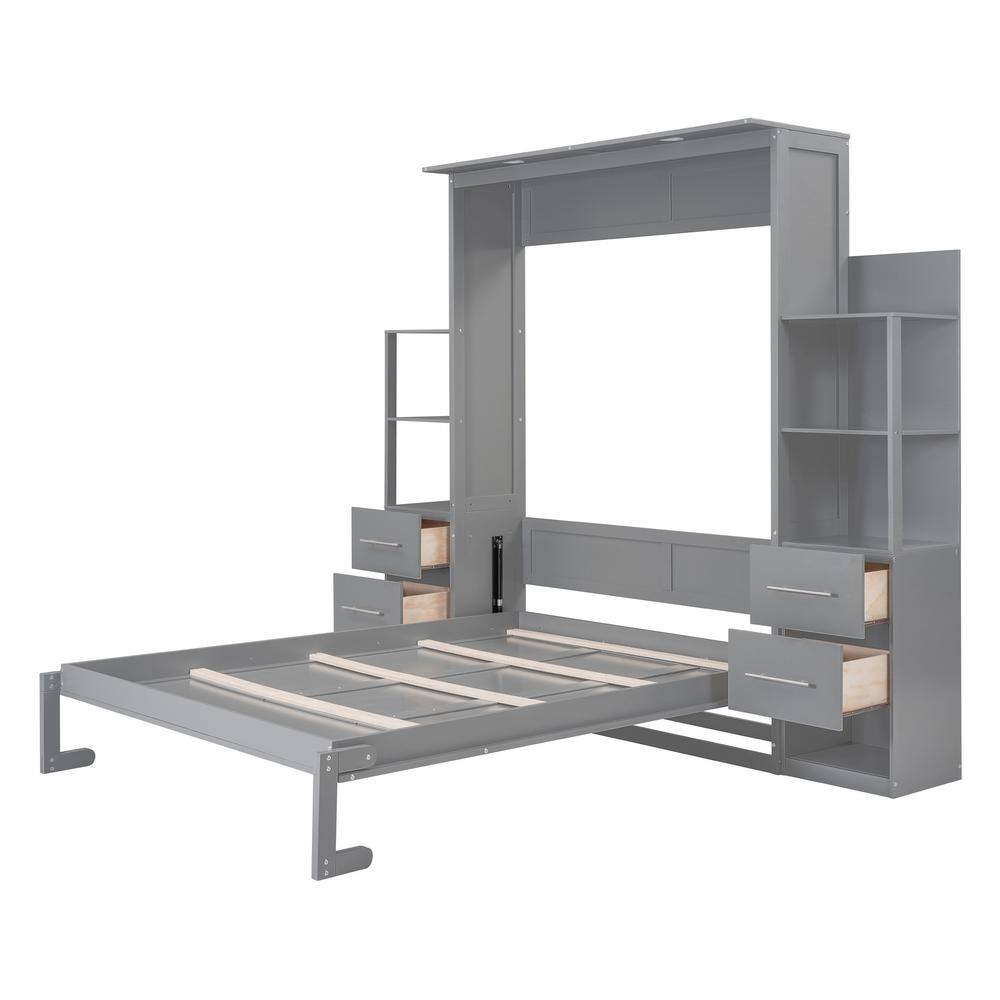 Harper And Bright Designs Gray Wood Frame Queen Size Murphy Bed Wall Bed