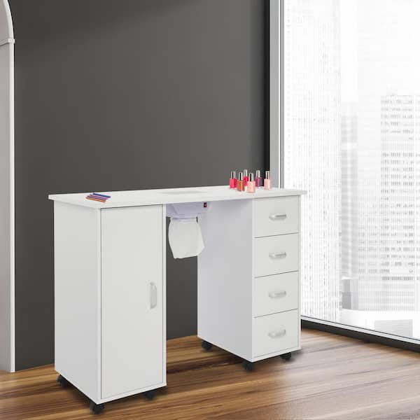 Karl home 43 in. White MDF Manicure Nail Table Station 4-Drawers 1-Door ...