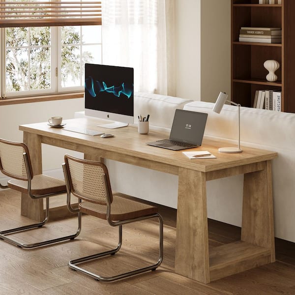 BYBLIGHT 86.6 in. Rectangle Oak Color Wood 2 Person Computer Desk, Long ...