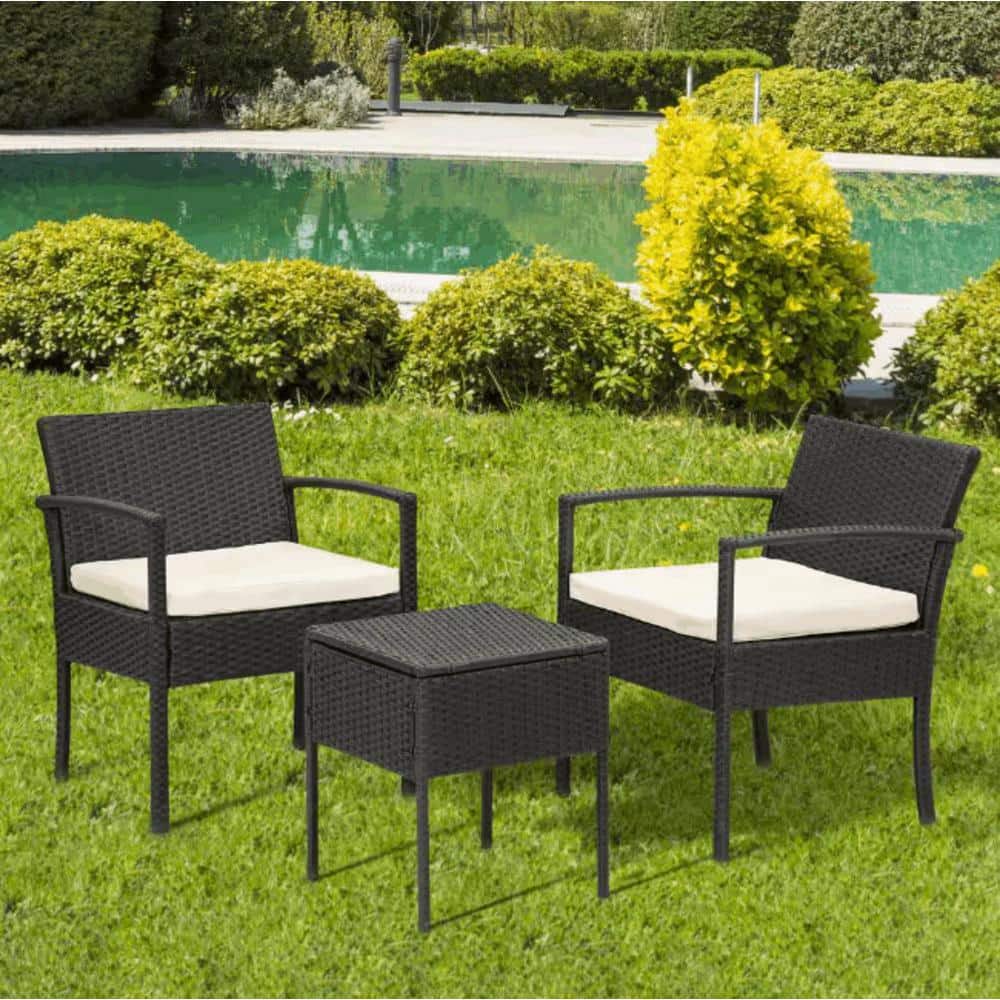Zeus & Ruta 3-Piece Black PE Wicker Patio Outdoor Conversation Set with ...