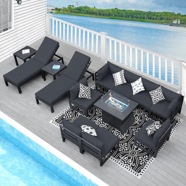FINCATI 13-Piece Gray Aluminum Outdoor Patio Conversation Set with Dark ...