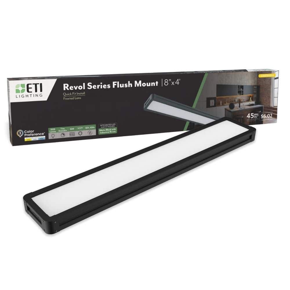 ETI LIGHTING REVOL 4 ft. x 8 in. Matte Black with Industrial Rivets LED Flush Mount 3900LM 50W ...