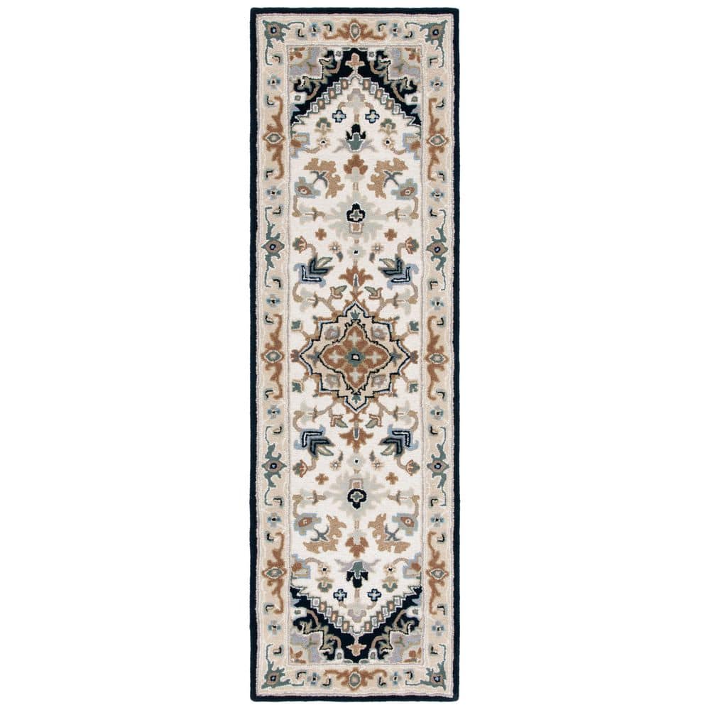SAFAVIEH Heritage Beige/Navy 2 ft. x 8 ft. Border Floral Medallion ...