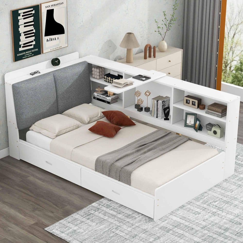 Polibi White Wood Frame Twin Size Platform Bed with Storage Headboard ...