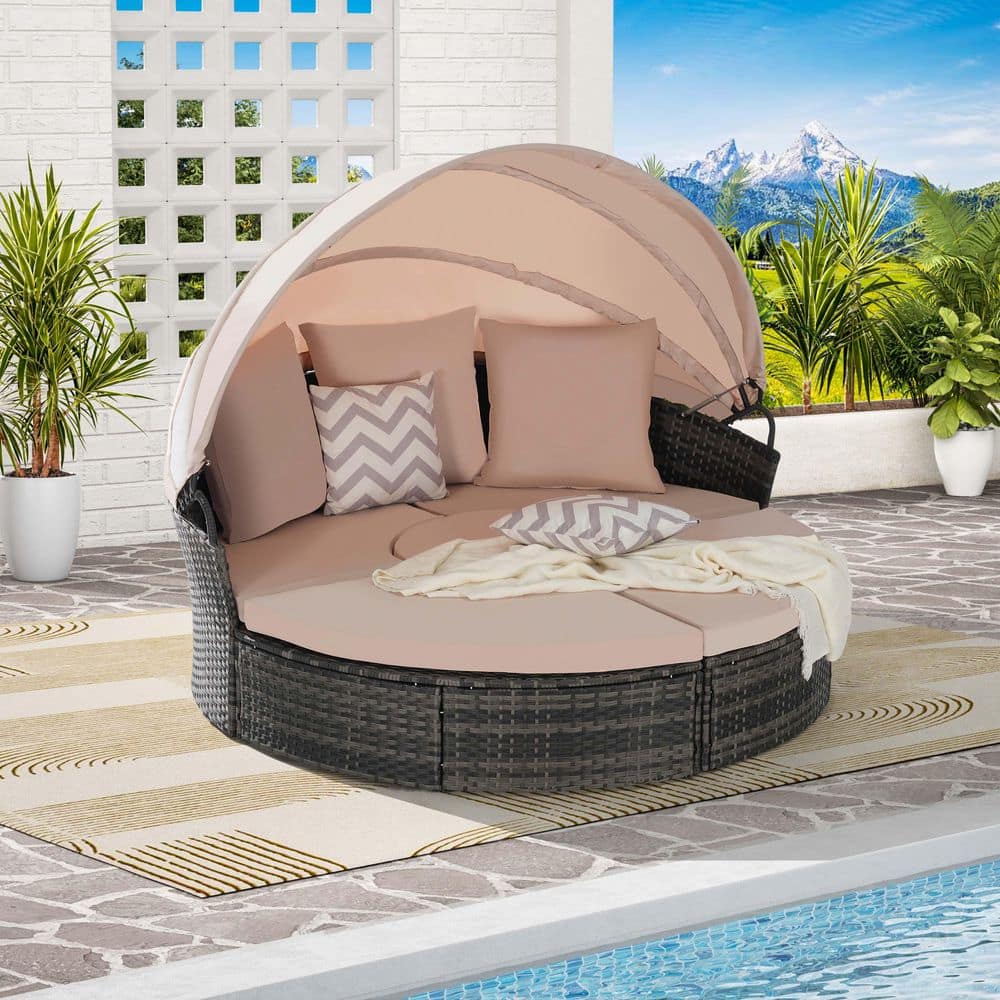 Zeus & Ruta 5-Piece Wicker Outdoor Round Day Bed with Retractable ...