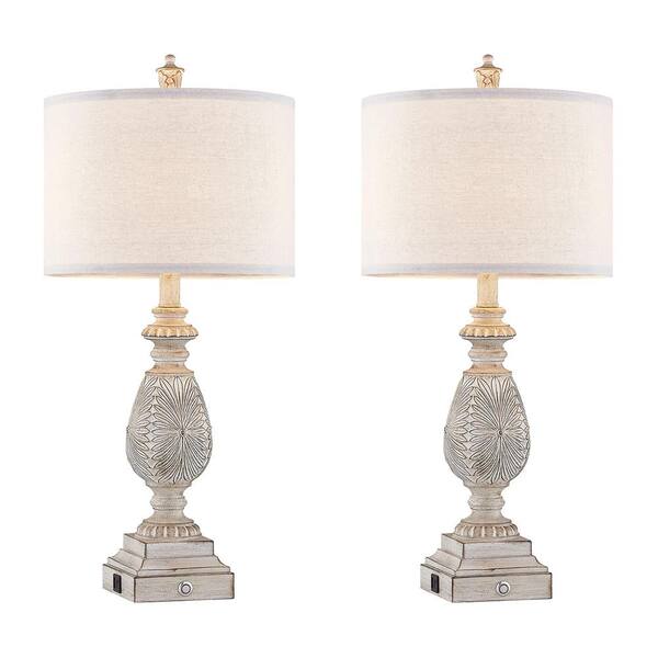 KAWOTI 26.2 in. Distressed Ivory Farmhouse Bedside Table Lamp Set with ...