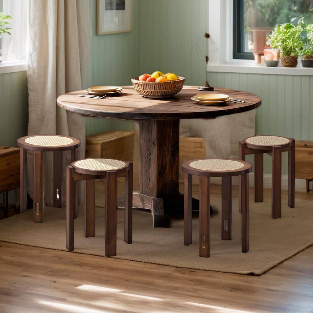 Karl home 4-Piece 22 in. H Walnut Wood Nesting Bar Stool with Wicker ...