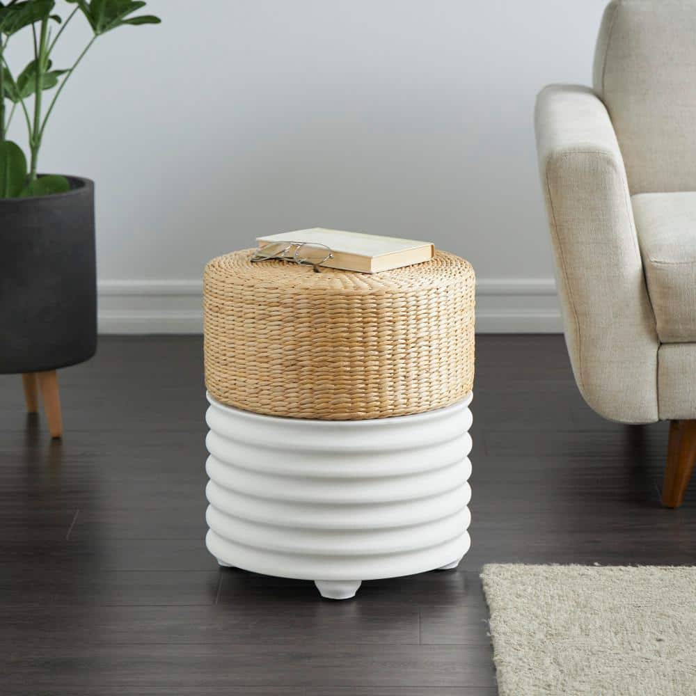 Litton Lane 18 in. White Handmade Wooden Woven 2-Toned Stool with ...