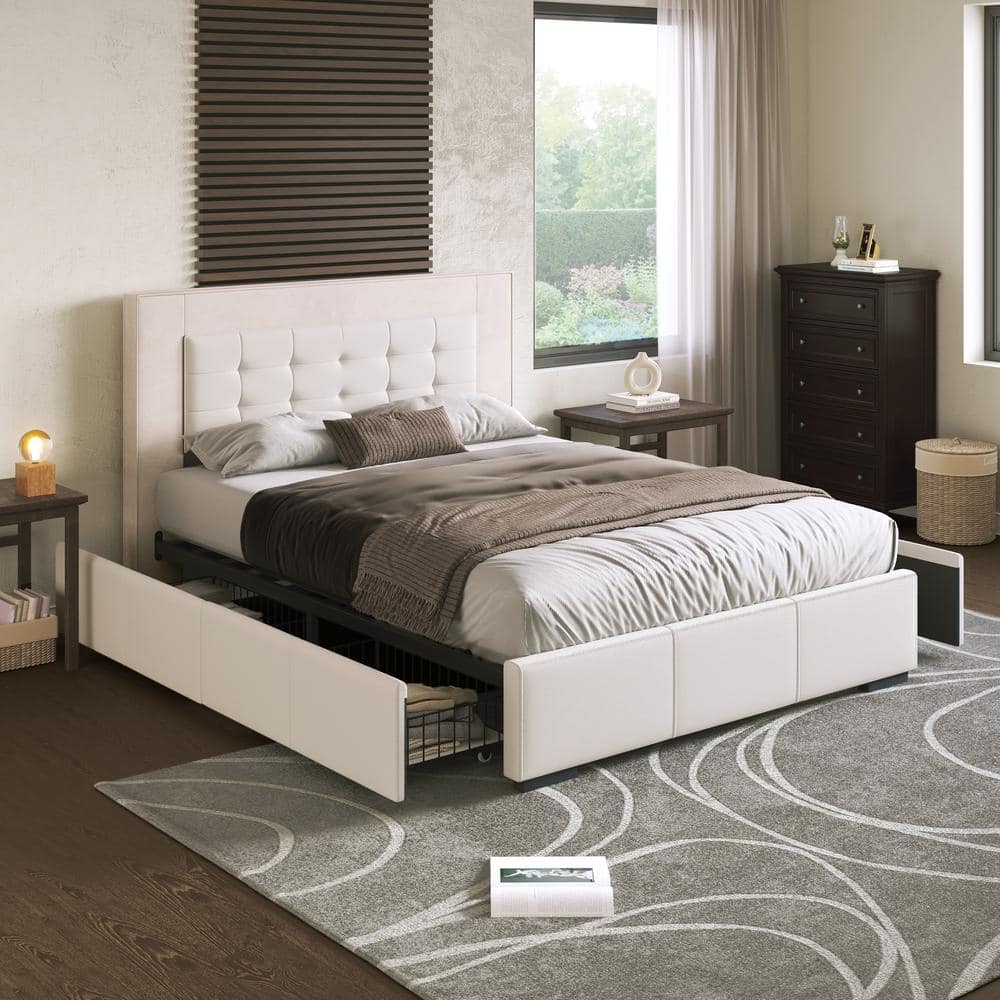 Harper And Bright Designs Beige Metal Frame Queen Pu Leather And Velvet