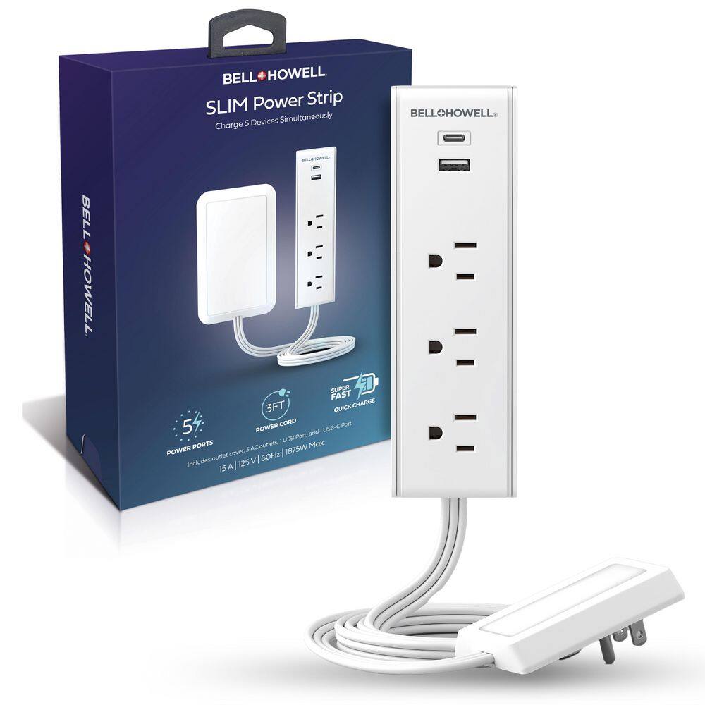 Bell + Howell Slim Multi Power Strip 3-AC Outlets, 1 USB-A and 1 USB-C ...