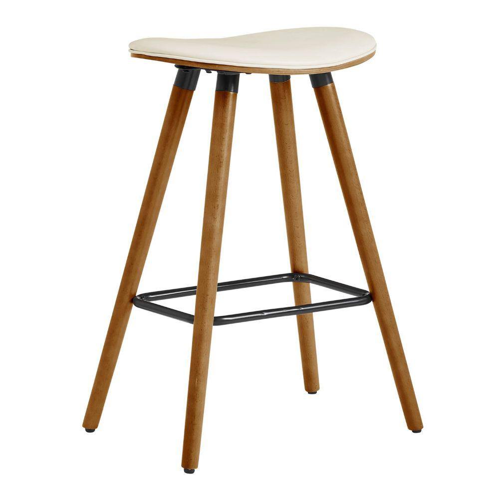 Benjara 26 in. Brown and Cream Backless Wooden Frame Bar Stool with ...