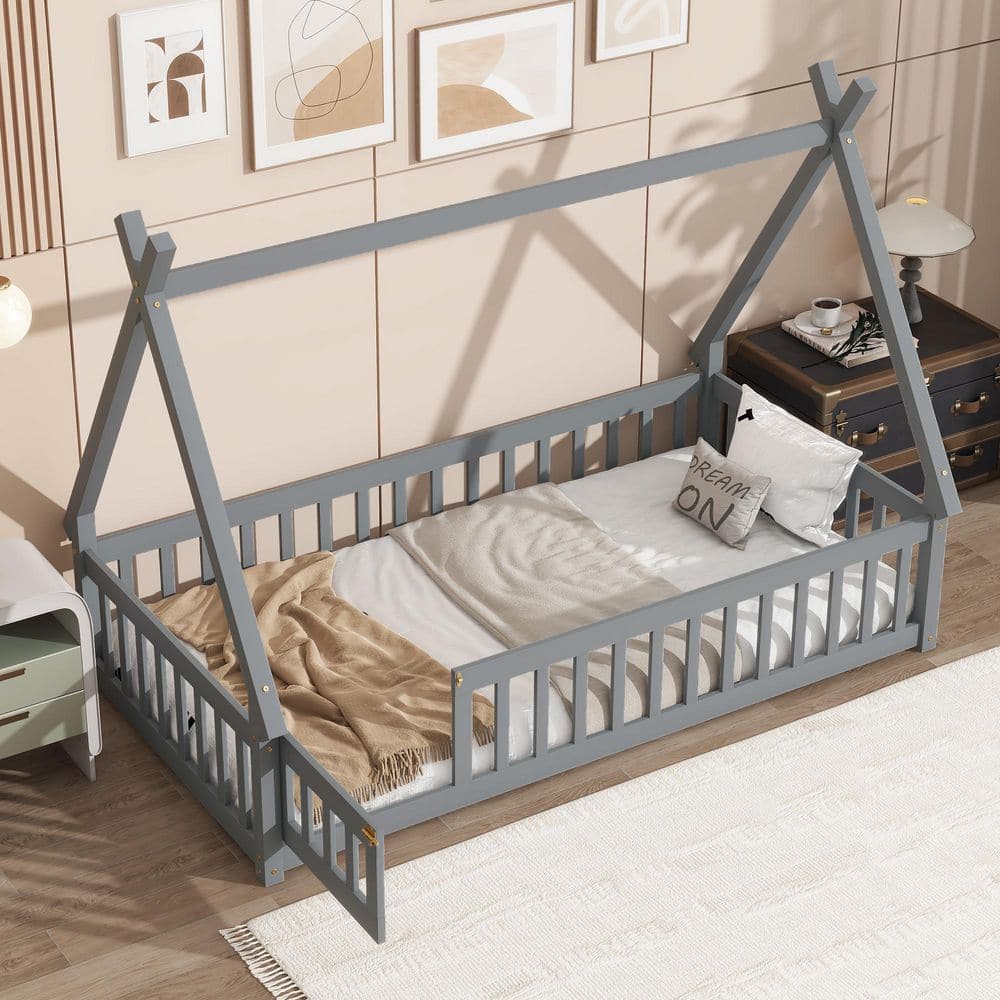 Harper & Bright Designs Tent Style Gray Wood Frame Twin Size Platform ...