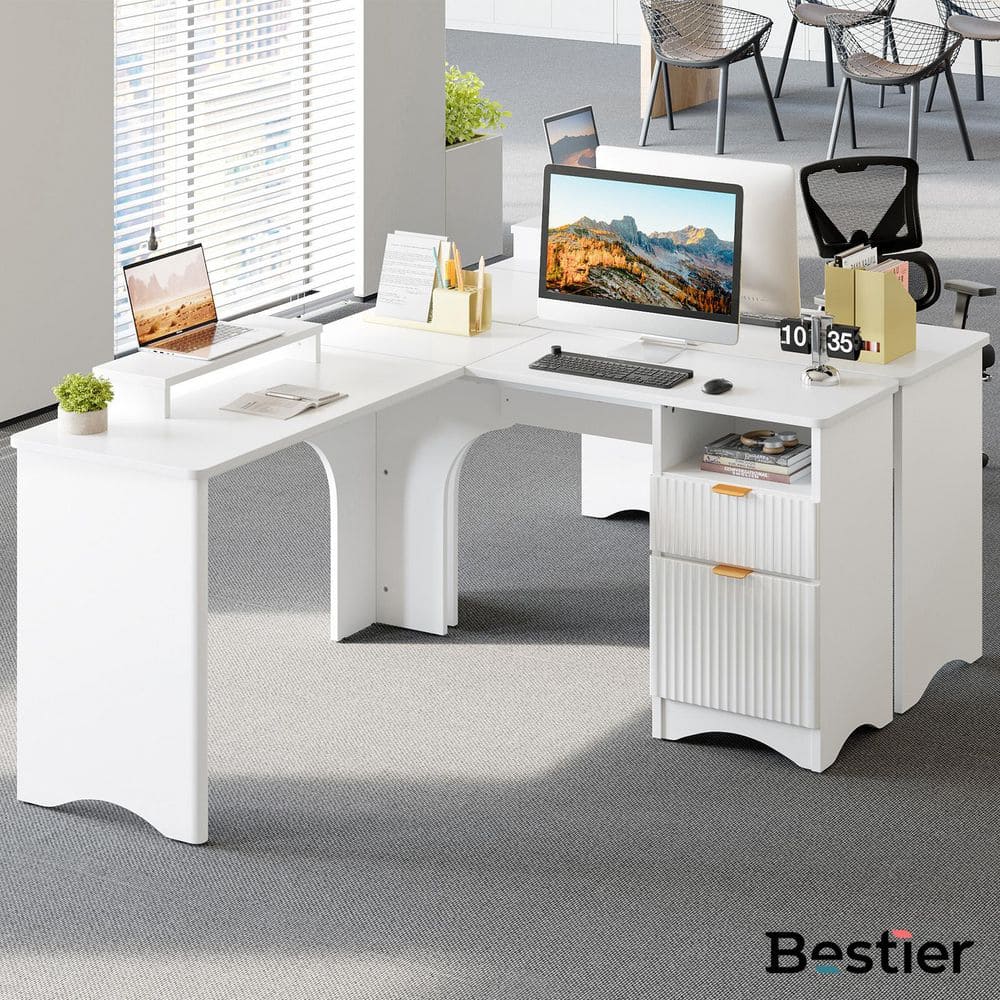 Bestier 55 in. White 2-Drawers L Shaped Computer Desk with Open Storage ...