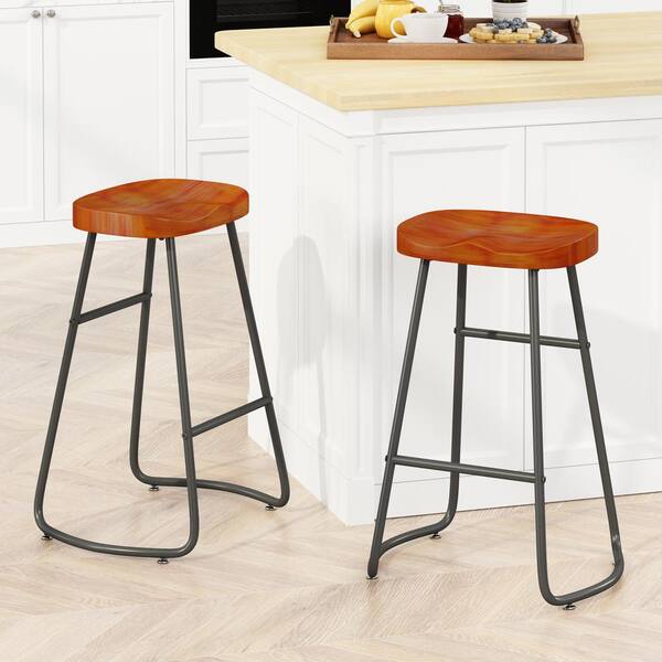 Minimalist 29.53 in. Whiskey Brown Metal Wood Frame Counter Height Bar Stool Set of 2