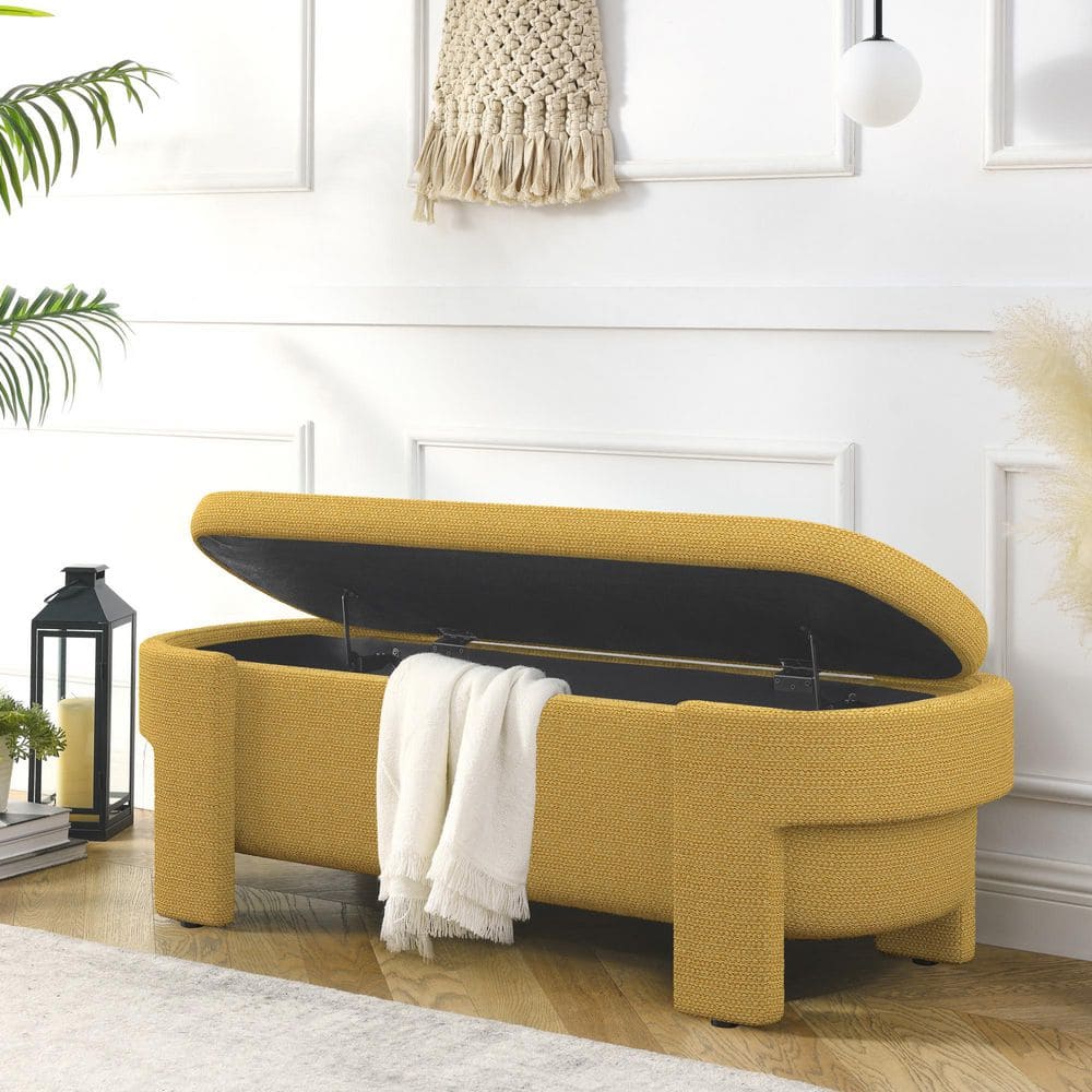 Seafuloy 51.5 in. Yellow Linen Upholstered Storage Bedroom Bench with ...
