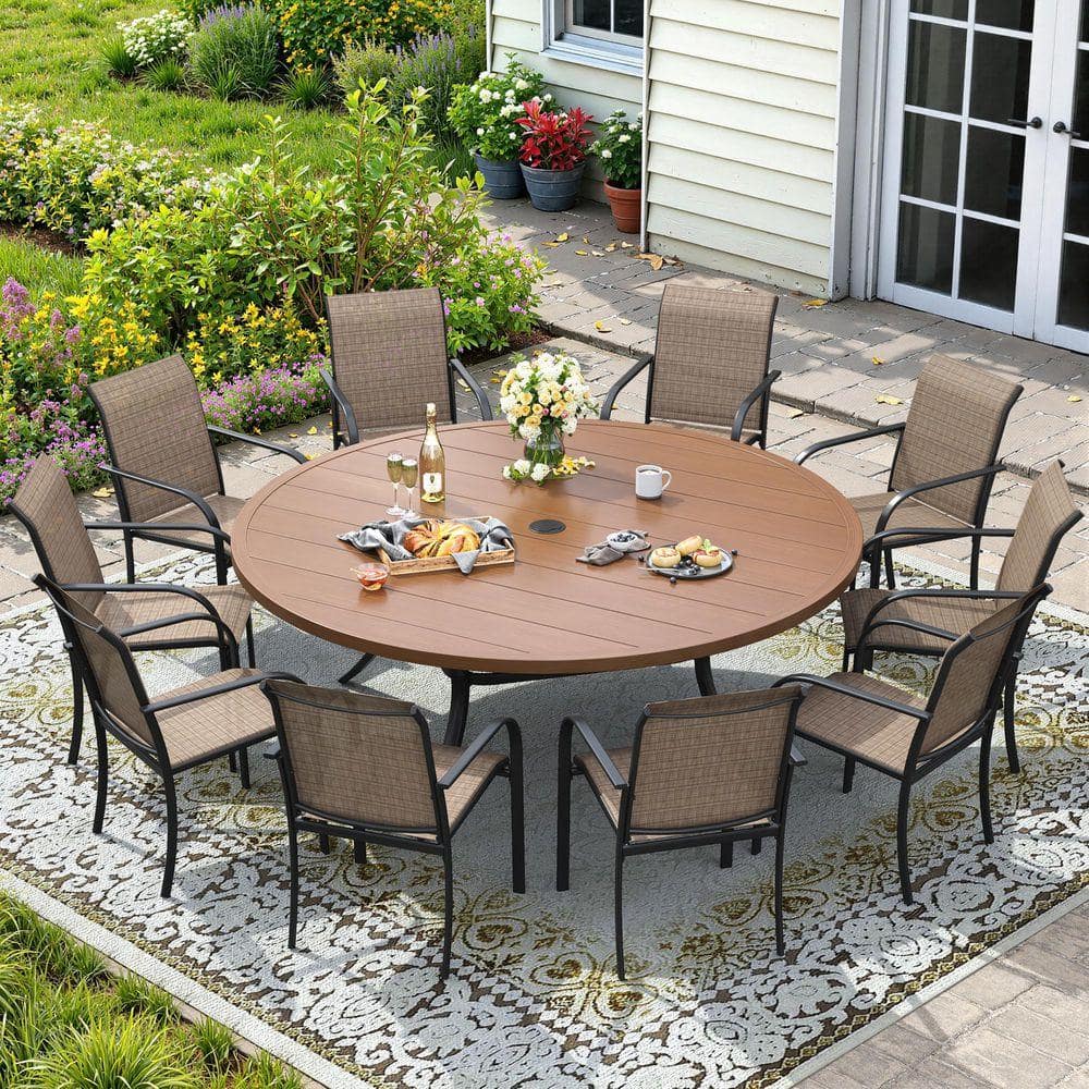 vicllax 11-Piece Metal Outdoor Dining Set with Walnut Round Table and ...